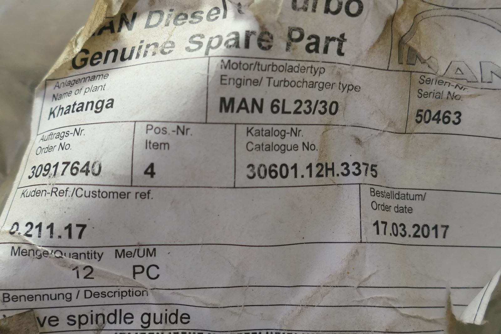 > MAN Diesel & Turbo Vavle Spindle Guide 30601-12H-3375 - Smedegaarden A/S